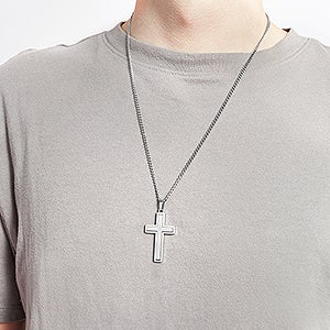 Engraved Two Tone Brushed Stainless Cross Necklace