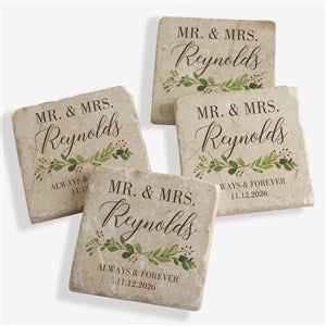 Laurels of Love Personalized Wedding Tumbled Stone Coasters - Set of 4