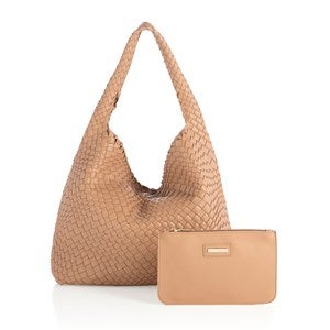 Woven Leather Hobo Bag in Almond