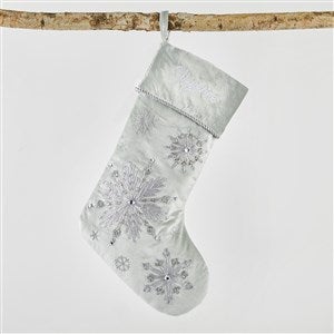 Embroidered Sage Green & Silver Jeweled Snowflake Stocking