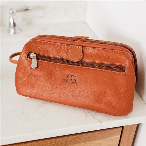 Embroidered Brown Leather Dopp Kit Travel Bag