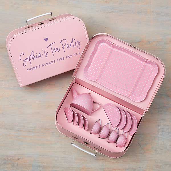 Pink Polka Dot Personalized Kids Tea Set with Case