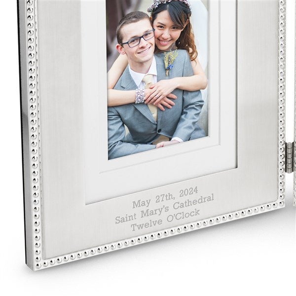Engraved Wedding Silver Beaded Double Picture Frame
