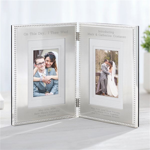 Engraved Wedding Silver Beaded Double Picture Frame