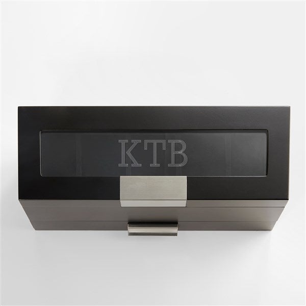 Engraved Monogram Black Wooden Watch Box with Drawer