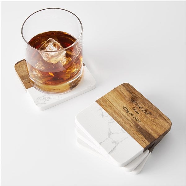 Engraved Birthday Wood and Marble Coaster Set
