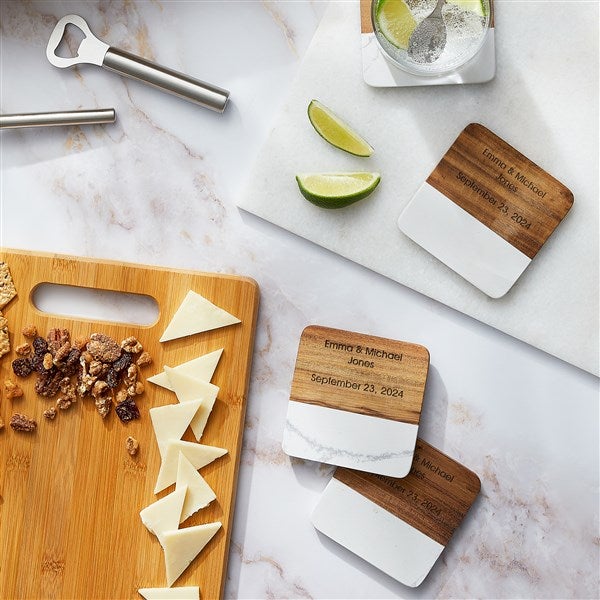 Engraved Birthday Wood and Marble Coaster Set