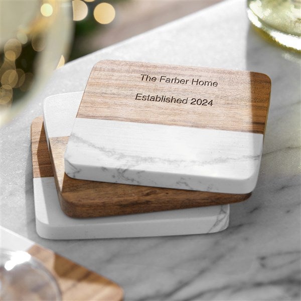 Engraved Entertaining Wood and Marble Coaster Set