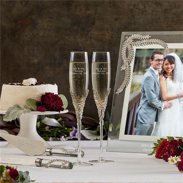 Engraved Athena Jeweled Wedding Flute Set