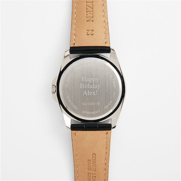 Engraved Citizen Milestone Quartz Black Leather & Silver Watch