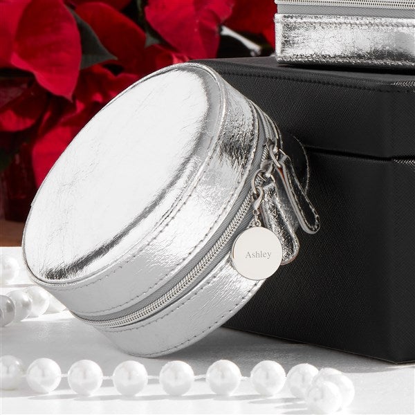 Engraved Round Jewelry Box and Travel Case in Silver
