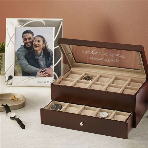 Engraved Espresso Wooden 20 Slot Watch Box with Drawer
