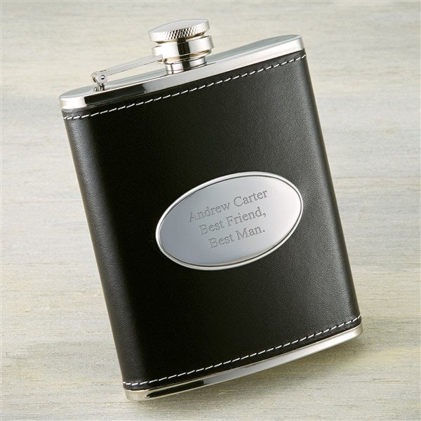 Engraved Black Leather Flask