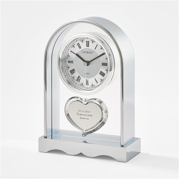 Engraved Glass Silver Heart Wedding Clock