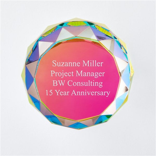 Engraved Iridescent Faceted Crystal Paperweight
