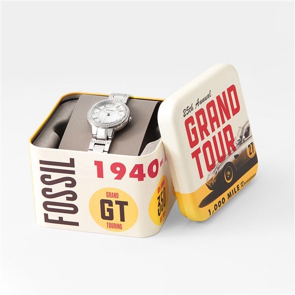 Engraved Fossil Virginia Silver and Crystal Watch