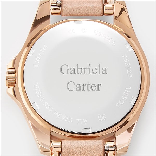 Engraved Fossil Women's Riley Rose Gold Leather Watch