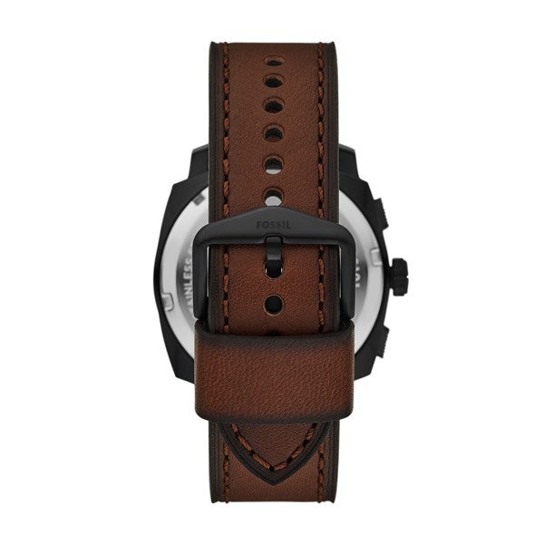 Engraved Fossil Machine Watch with Brown Leather Band