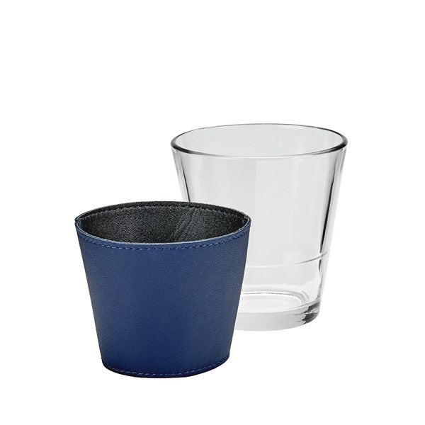 Personalized Leather Wrapped Rocks Glass Set - Navy