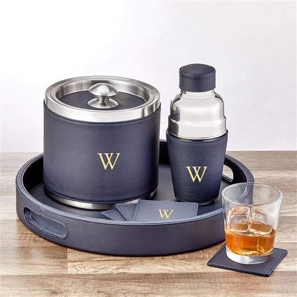 Personalized Leather Wrapped Cocktail Shaker - Navy