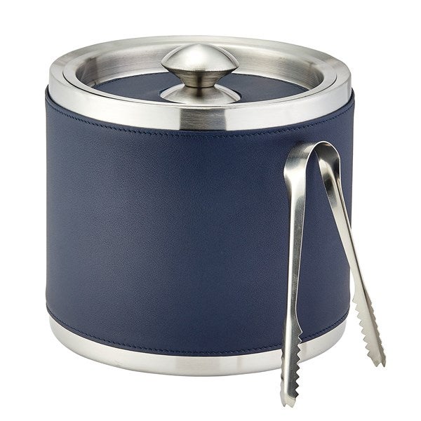 Personalized Leather Wrapped Ice Bucket - Navy