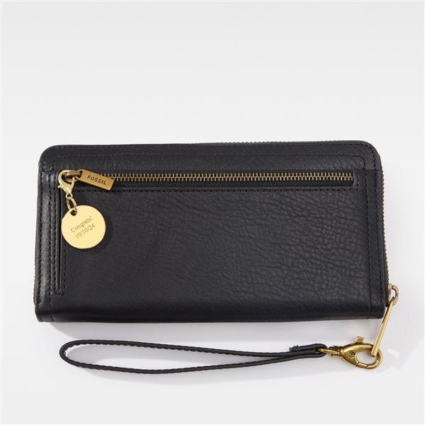 Engraved Fossil Black RFID Logan Zip Wallet