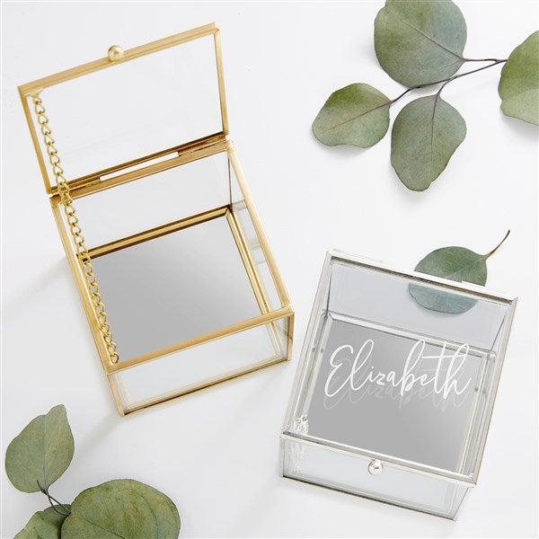 Trendy Script Personalized Glass Jewelry Box - Silver