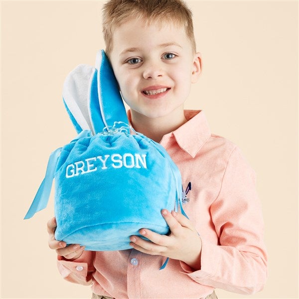Mini Bunny Ears Embroidered Velvet Drawstring Easter Treat Bag - Blue