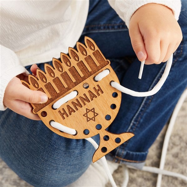 Hanukkah Personalized Wooden Lacing Toy - Menorah
