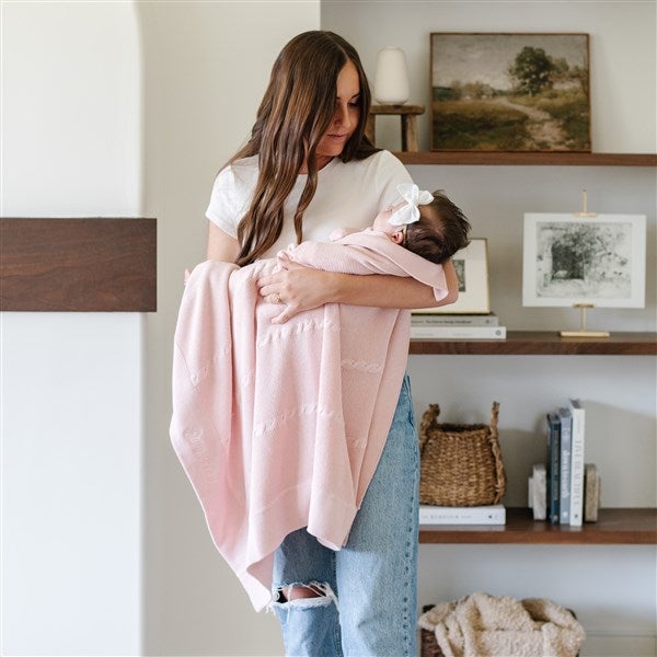 Embroidered Cotton Knit Receiving Blanket in Pink
