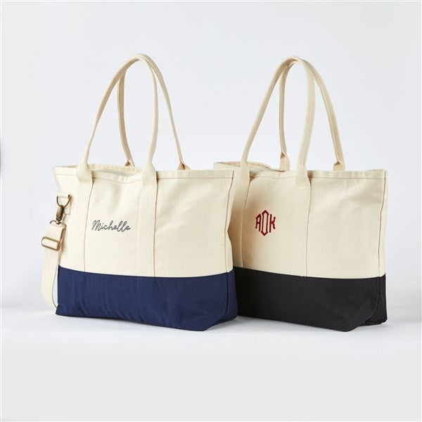 Embroidered Utility Canvas Tote in Natural/Black- Centered Text