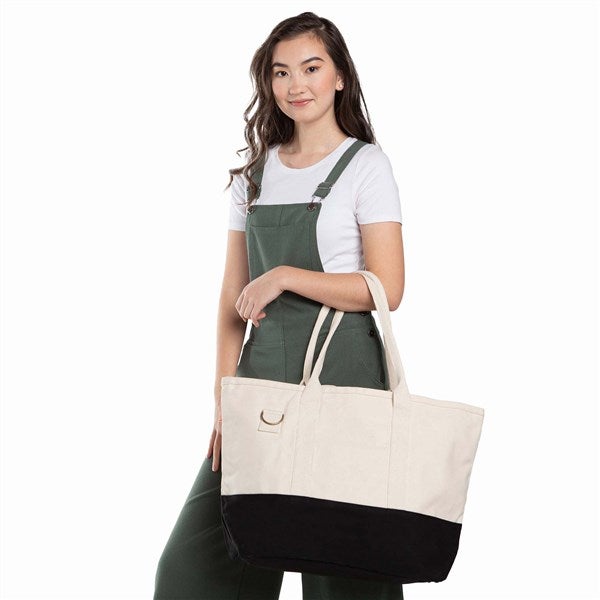Embroidered Utility Canvas Tote in Natural/Black- Side Text