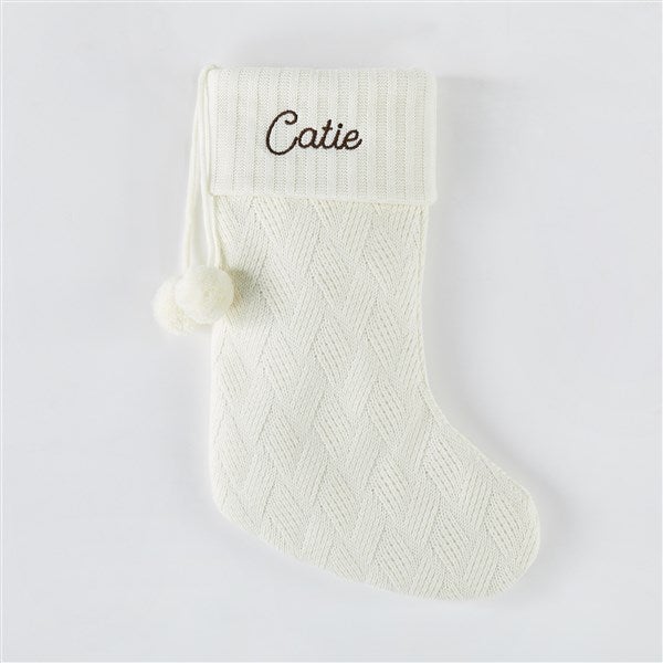 Embroidered Basket-weave Knit Stocking in Cream