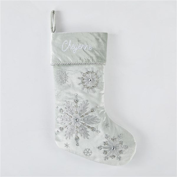 Embroidered Sage Green & Silver Jeweled Snowflake Stocking