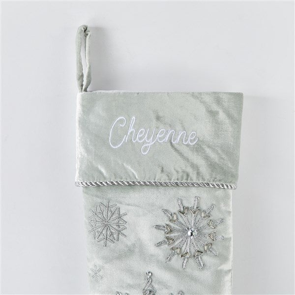 Embroidered Sage Green & Silver Jeweled Snowflake Stocking