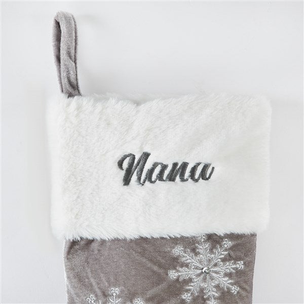 Embroidered Gray & Silver Snowflake Stocking with Fur Cuff