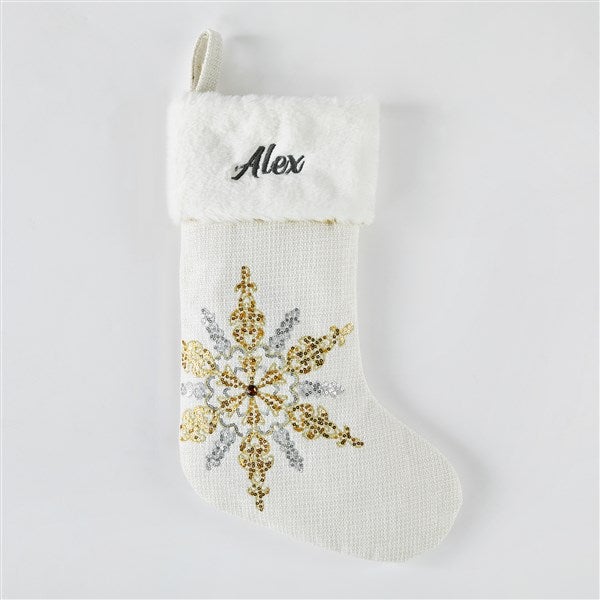 Embroidered Cream, Metallic Silver & Gold Snowflake Stocking