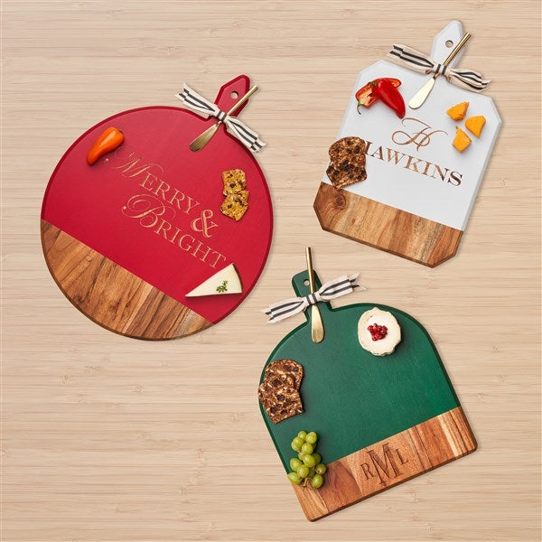 Merry & Bright Red Acacia Charcuterie Board with Handle - Round