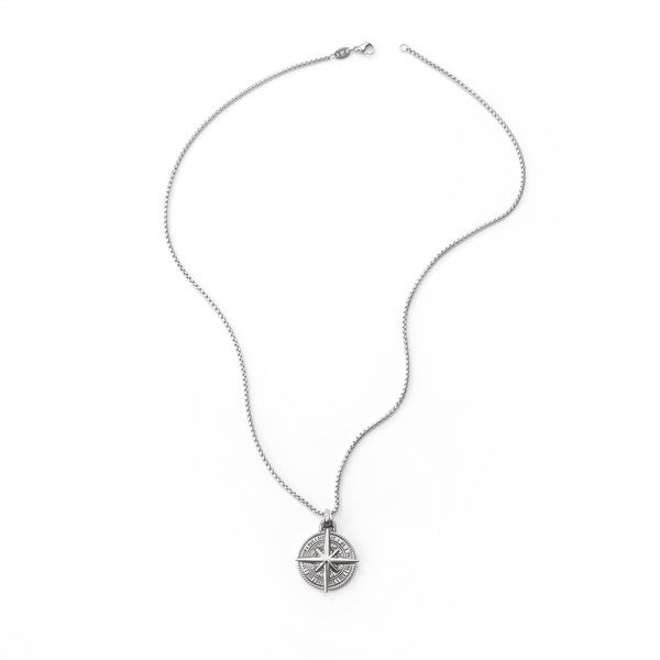 Engraved Stainless Steel Compass Pendant Necklace