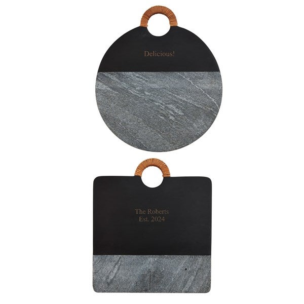 Engraved Round Black Wood and Marble Serving Board