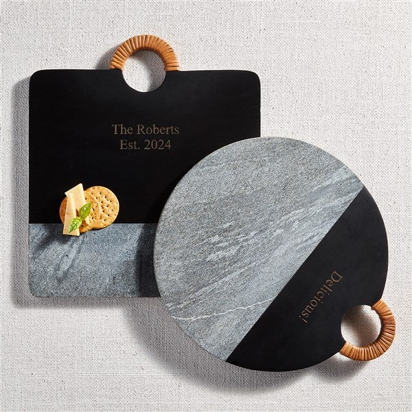 Engraved Round Black Wood and Marble Serving Board