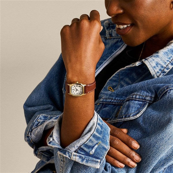 Engraved Fossil Harlow Gold & Brown Leather Watch