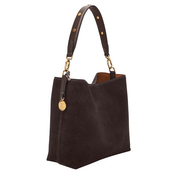 Engraved Fossil Jessie Brown Suede Bucket Shoulder Bag