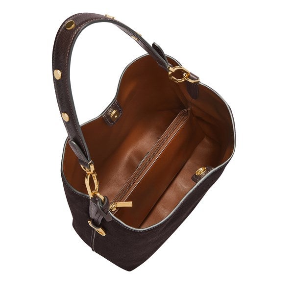 Engraved Fossil Jessie Brown Suede Bucket Shoulder Bag