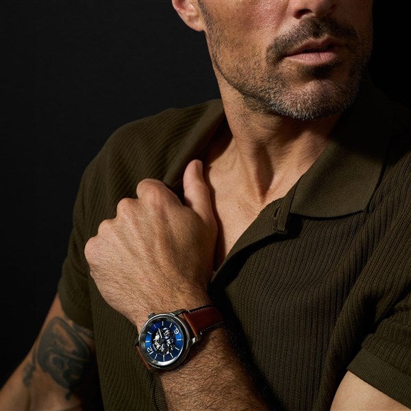 Engraved Fossil Heritage Leather Watch with Blue Skeleton Dial