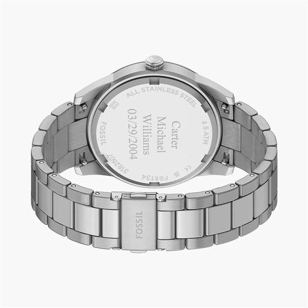 Engraved Fossil Pearson Multifunction Stainless Watch with Blue Dial