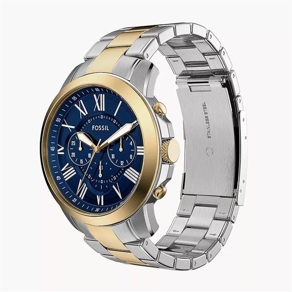 Engraved Fossil Grant Two Tone Blue Dial Stainless Watch