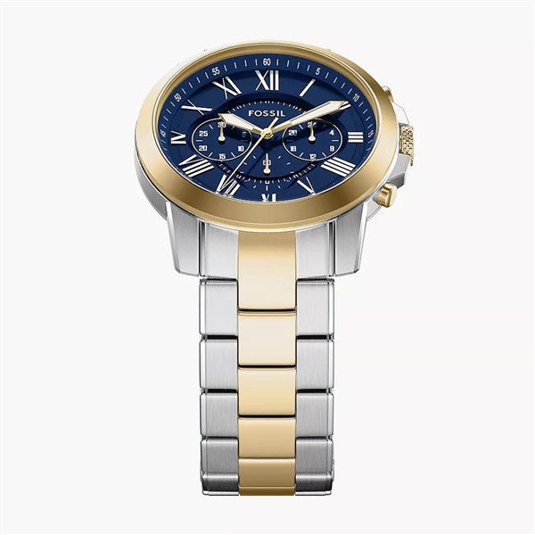 Engraved Fossil Grant Two Tone Blue Dial Stainless Watch