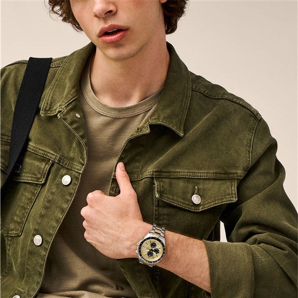 Engraved Fossil Autocross Two Tone Steel Watch with Black Detailing