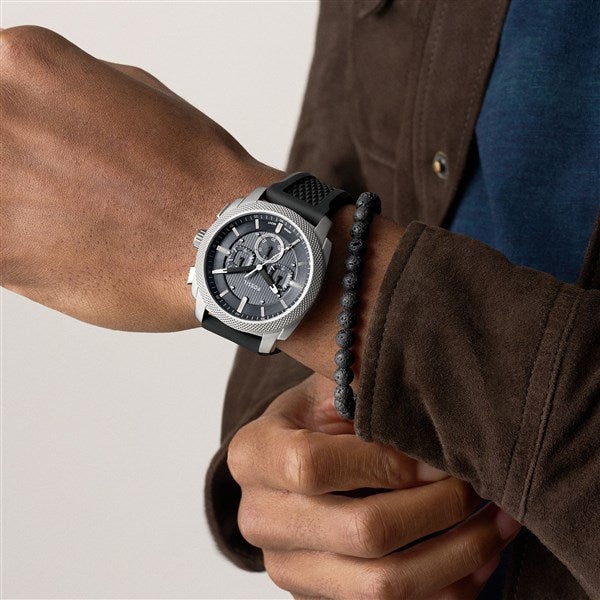 Engraved Fossil Machine Black Watch & Bracelet Gift Set